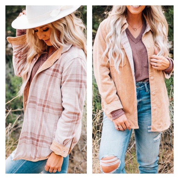 Jackets & Coats | Nwt Reversible Plaid Corduroy Shacket Jacket Button Down Top Camel Dusty Rose ...